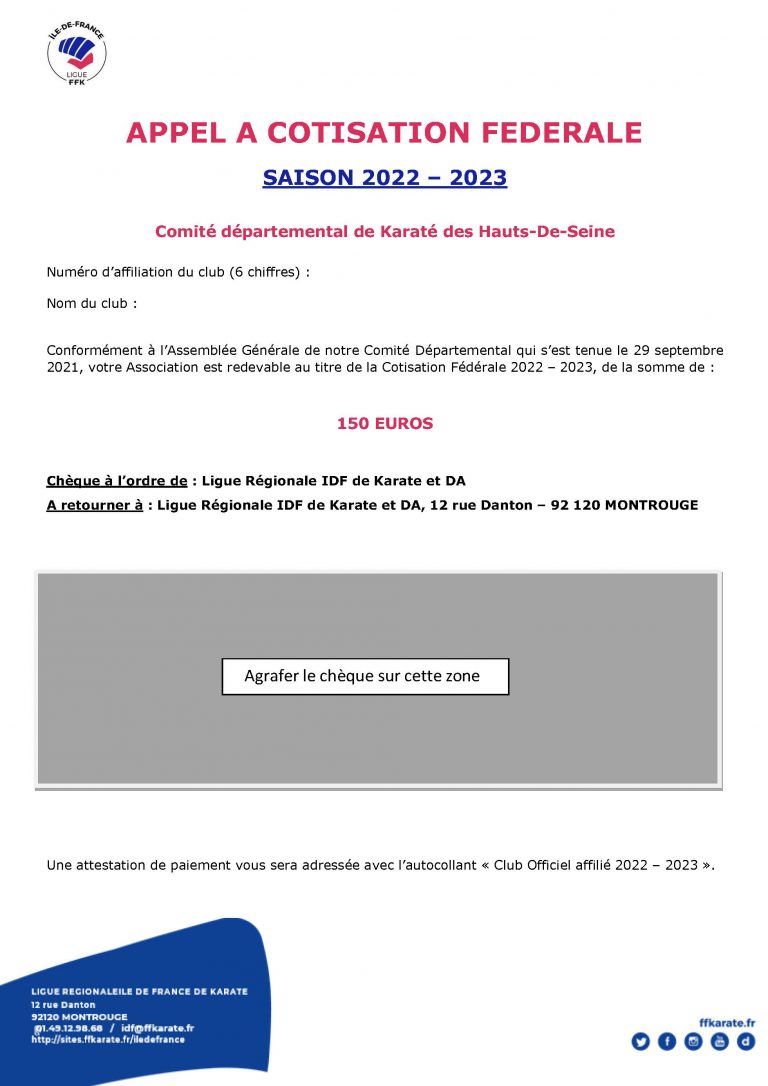Appel à Cotisation Fédérale Saison 2022 2023 Comité Départemental