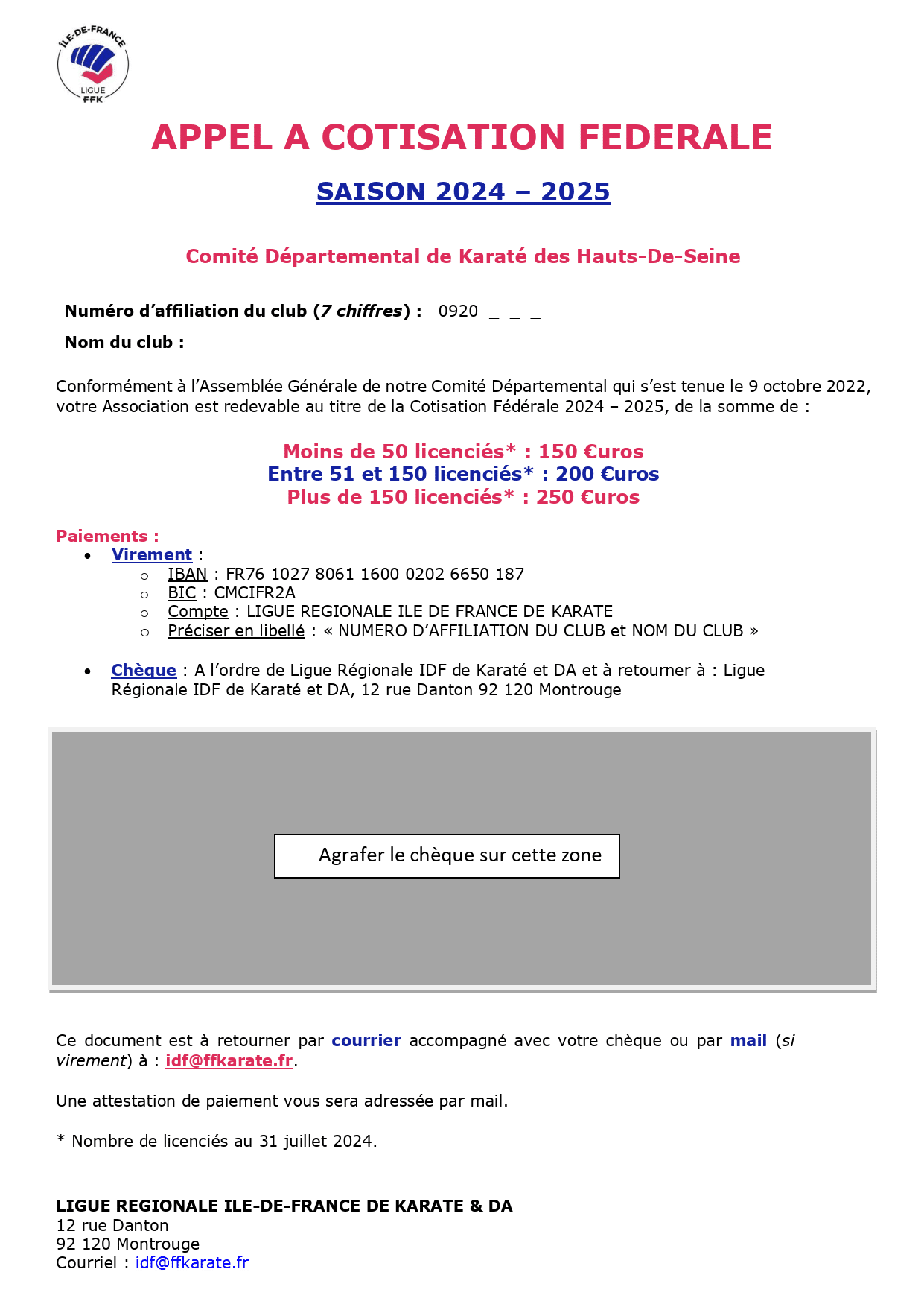 Appel à cotisation fédérale - Saison 2024-2025 - Comité Départemental des Hauts-de-Seine de ...