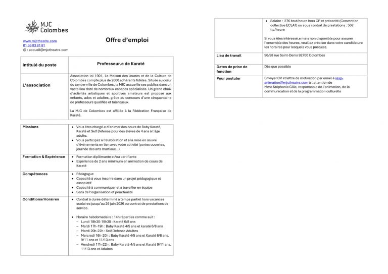 Petite annonce - La MJC Colombes recherche un professeur - Comité ...
