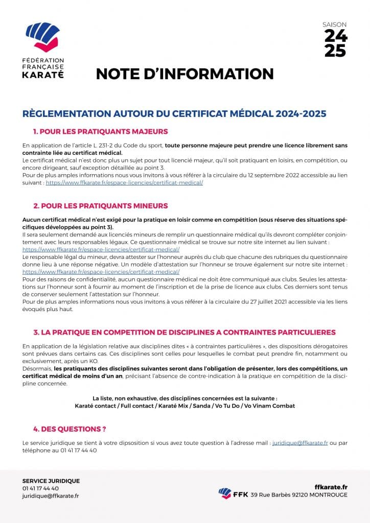 NOTE INFORMATION FFK CERTIFICAT MEDICALE 2024/2025 - Comité Départemental de Saône-et-Loire de ...