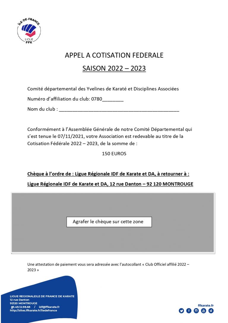 APPEL A COTISATION FEDERALE IDF 2022-2023 - Comité Départemental des Yvelines de Karaté et ...